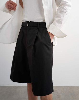 Topman Short large en serg&eacute; avec ceinture - Noir