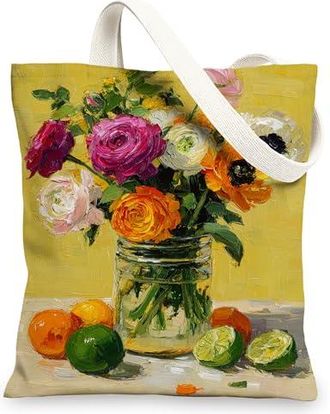 Generic Sacs fourre-tout en toile artistique, motif floral vintage, sacs dépicerie réutilisables, sacs en toile lavables respectueux de lenvironnement pour le