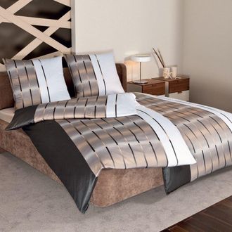 Janine Bettw&auml;sche Milano 45026 07 Kaffee Braun Wei&szlig; Streifen Bahnen Linien Gestreift Baumwolle Mako Satin, Gr&ouml;&szlig;e:155 cm x 220 cm