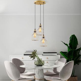 Opviq Elegant Gold Chandelier, Adjustable Height 29-141 cm, Metal Body, Ø35 x 141 cm | 3 x E27 Socket, Perfect for Living Room & Dining Areas