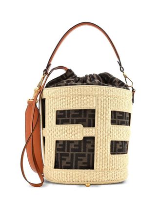 Fendi Step Out Straw and Zucca Canvas Medium bucket bag - Marron