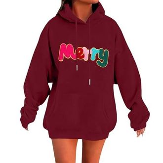 Generic Sweat à capuche décontracté « Merry Christmas » pour femme, lettres de Noël imprimées, grande taille pour femmes, chandail ample, pull de Noël plus co