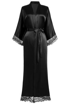 Babeyond Coucoland Kimono Robe de Chambre longue Satin Robe de Nuit avec Bordure en Dentelle pour Femme Taille Unique Noir