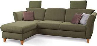 Cavadore Eckcouch Trend / Skandinavisches Ecksofa mit Federkern, Longchair und zwei Kopfstützen / 249 x 86 x 162 / Cord, Olive