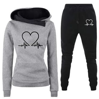 Generic Ensemble de survêtement à manches longues pour femme avec imprimé battements de coeur en polaire, sweat à capuche et pantalon de jogging coupe ajustée