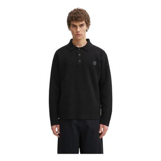 Maison Kitsun&eacute; Fox Head Woll-Rippstrick-Polopullover - - Knitwear - Herren - Schwarzk - L