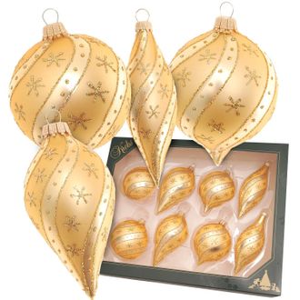 Krebs Glas Lauscha Weihnachtsdekoration/Christbaumschmuck aus Glas - Kugeln und Tropfen Satin Formenset mit Streifen & Sterne - Farbe: Gold - Gr&ouml;&szlig;e: ca. 7-10 cm