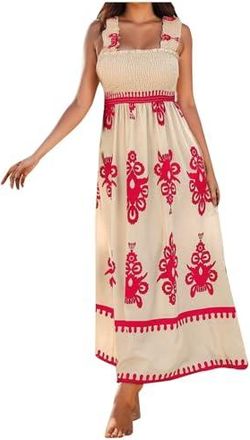 Generic Robe longue d&eacute;t&eacute; 2026 boh&egrave;me pour femmes, smock&eacute;es, sans manches, imprim&eacute; fluide, rose, XXL