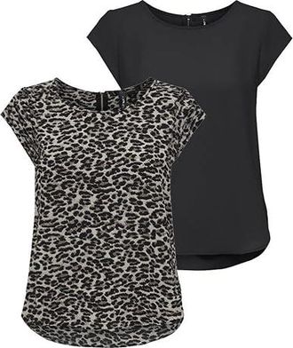 Only Onlvic S/S Solid AOP Top Ptm T-shirt à manches courtes pour femme, Lot de 2 (pack B : Black/Pumice Stone Leo Print), 40
