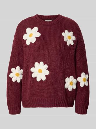 Apricot Oversized Strickpullover mit floralen Stitchings