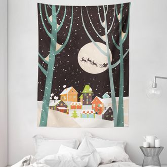 Abakuhaus Weihnachten Wandteppich, Schnee Sankt mit Rotwild-Stadt, Wohnzimmer Schlafzimmer Wandtuch Seidiges Satin Wandteppich, 100 x 150 cm, Mehrfarbig
