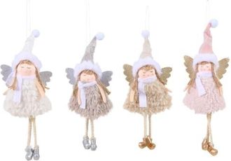 Generic Lot de 4 décorations de Noël en flanelle à suspendre pour fille - Peluche douce avec ailes dorées - Joli chapeau et écharpe - Hauteur : environ 21 cm 