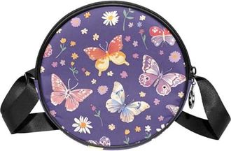 Generic Sac &agrave; bandouli&egrave;re rond pour femme, motif papillons, marguerites, petit sac &agrave; bandouli&egrave;re avec fermeture &eacute;clair, bretelles r&eacute;glables, sac &agrave; main rond d