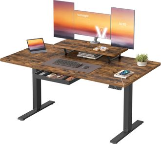 Vasagle H&ouml;henverstellbarer Schreibtisch, 140 x 70 cm, flexibel montierbarer Monitorst&auml;nder, Schublade, USB-C-Anschluss, Erinnerung bei langem Sitzen, f&uuml;r B&uuml;ro