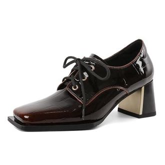 EDEFS Escarpins Richelieu Femme &agrave; Talon Bloc 6,5 cm Chaussures &agrave; Lacets Bout Carr&eacute; &Eacute;l&eacute;gantes Bourgogne Verni EU35