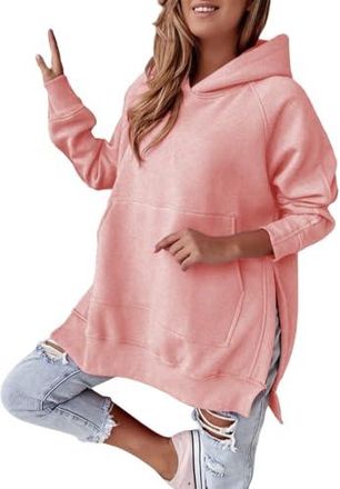 Generic Sweats &agrave; capuche surdimensionn&eacute;s baggy &agrave; manches longues rouge - Sweat &agrave; capuche fendu sur le c&ocirc;t&eacute; pour femmes - Vestes d&eacute;t&eacute; &agrave; capuche cardigan &agrave; manc