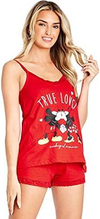 Disney Pyjama Femme, Ensemble de Pyjama Court Caraco et Short, Pyjashort Coton, Pyjama Stitch, Bourriquet, Minnie, Marie Aristochat, Cruella S-XL (Rouge Minn