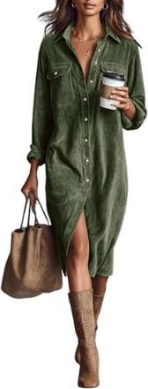 Minetom Robe Chemise en Velours C&ocirc;tel&eacute; Femme Automne Hiver D&eacute;contract&eacute;e Manches Longues Robes avec Boutons Poches A Vert M