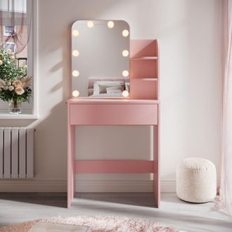 Sonni Rosa Schminktisch mit LED-Beleuchtung, Frisiertisch mit Spiegel, Weihnachtsgeschenk - Sonni
