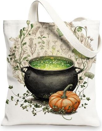 Generic Sac fourre-tout en toile motif chaudron citrouille, sac réutilisable, vintage, léger, lavable à bandoulière, blanc, 13x15 Inch