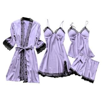 Generic Ensemble pyjama &eacute;l&eacute;gant 4 pi&egrave;ces pour femme - Chemise de nuit sexy avec dentelle - Pantalon de pyjama court en dentelle - Short de nuit l&eacute;ger et sexy 