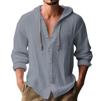 Generic Chemise en lin pour homme - Chemise longue en lin pour homme - Col en V blanc - Polo de plage en coton blanc pour la plage - Coupe r&eacute;guli&egrave;re - Chemise