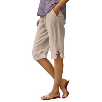 Generic Jupe-culotte capri en lin m&eacute;lang&eacute; pour femme avec taille &eacute;lastique, pantalon court longueur genou avec poches et ourlet boutonn&eacute;, pantalon de vacances