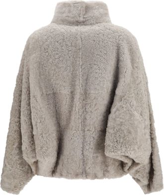 Brunello Cucinelli High-Neck Shearling Faux Fur Jacket - Gray