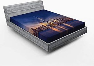 Abakuhaus Ville Drap-Housse, New-York Skyline Soirée, Pochette Élastique Tout Confort pour Literie en Tissu Décoratif, 140 x 200 cm, Bleu Marine Pêche