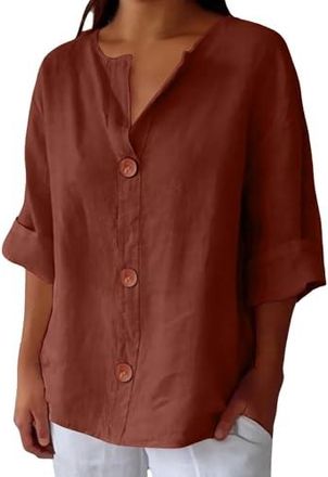 Generic Oyuchga Chemisier en lin pour femme - Grandes tailles - Manches 3/4 - Coton et lin - Élégant - Couleur unie - Décontracté - Col en V - Boutonnière - C