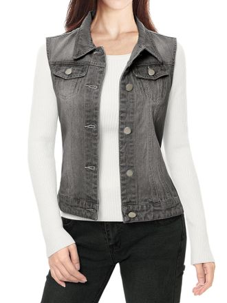Allegra K Damen Jeansweste &Auml;rmellos Knopfleiste Denim Rever Jacke Westen mit Taschen Graus XL