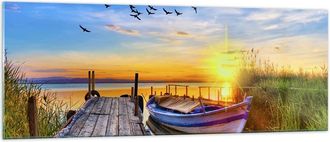 Arttor Panorama Bilder auf Glas See Boot Wasser Glasbild 140x50cm Wandbilder Dekoration Wohnzimmer Schlafzimmer Küche Groß XXL Wanddeko Bild im Glas Wand Kun