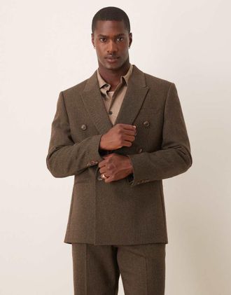 Asos Veste de costume coupe classique à double boutonnage avec chevrons en laine mélangée - Marron