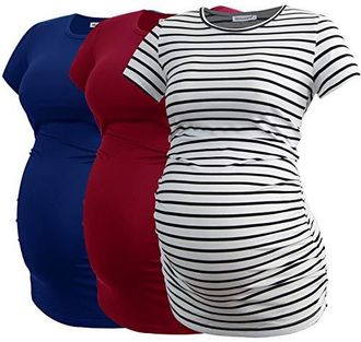 Smallshow Femmes Vêtements de Maternité Tops Vêtements de Grossesse 3-Pack Navy-White Stripe-Wine XX-Large