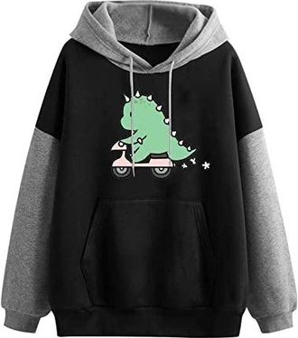 Generic Sweat &agrave; capuche &agrave; manches longues pour femme Motif petit dinosaure, Noir, XXL