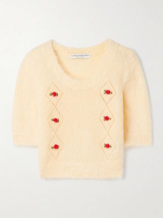 Alessandra Rich Pull À Manches Courtes En Mohair Mélangé À Mailles Pointelle Et À Broderies - Jaune