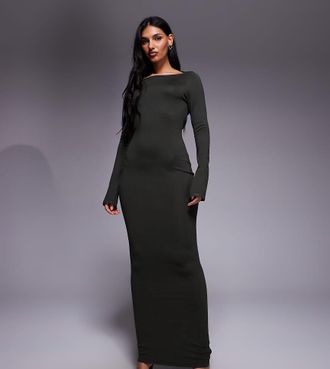 KAIIA Exklusives, lang&auml;rmliges Feinstrick-Maxikleid in Khaki mit Bindedetail am R&uuml;cken und Wasserfallausschnitt-Gr&uuml;n