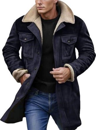 Generic Manteau long pour homme, veste de cowboy western vintage en daim, manteaux à col en peluche, vestes longues dhiver similicuir
