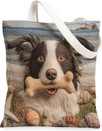 Generic Sac fourre-tout amusant en toile motif Border Collie pour le shopping 33 x 38 cm, sac d&eacute;picerie r&eacute;utilisable pour femme, peinture danimaux domestiques