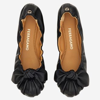 Ferragamo Womens Nappa Leather Ballerina Flats With Bow Black Lamb (ovis Aries Aries)