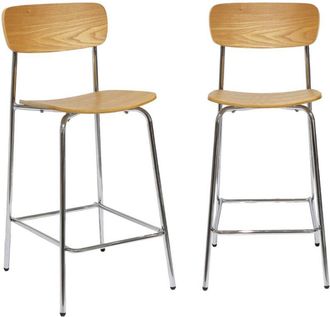 Sweeek Lot de 2 tabourets de bar vintage contreplaqué avec placage bois et pieds métal L 42.5 x P 50 x H 94cm - Toby Chromé / Frêne