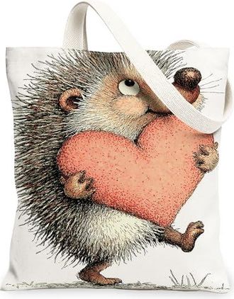 Generic Sacs fourre-tout en toile motif h&eacute;risson, sacs d&eacute;picerie r&eacute;utilisables, l&eacute;gers et lavables avec bandouli&egrave;re Ca, blanc, 13x15 Inch