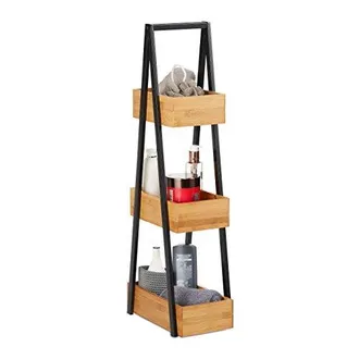 Relaxdays Badregal Bambus, platzsparendes Leiterregal mit 3 Ablagen, Bad, Küche, Wohnzimmer, Metall, 81x18x30 cm, natur, Hellbraun, Schwarz