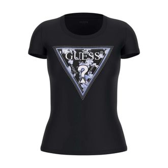 Guess Femme, Tops, Noir, Taille: 36 FR T-shirt en Coton Noir Coupe Régulière Manches Courtes Logo Imprimé
