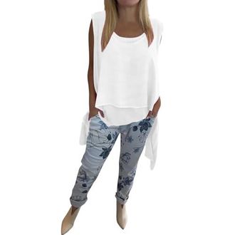 Generic Ensemble de v&ecirc;tements de sport d&eacute;t&eacute; d&eacute;contract&eacute;s en lin pour femme - Grande taille - Tenue 2 pi&egrave;ces tendance - Chemise &agrave; manches mi-longues et pantalo