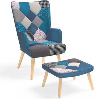 IDMarket Skandinavischer Sessel Ivar mit Fußstütze aus Patchworkstoff und blauem Samt