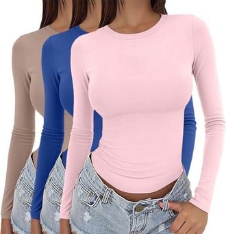 Generic Lot de 3 hauts à manches longues pour femmes Y2K - Sous-vêtements thermiques de base ajustés - T-shirts slim ajustés pour sortir - Col rond extensible