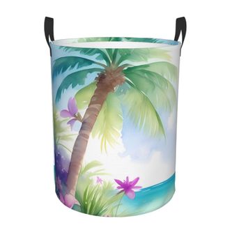 Generic Aquarell-Palme W&auml;schekorb Rund W&auml;schek&ouml;rbe Mit Henkel W&auml;schebeh&auml;lter F&uuml;r Kuscheltier Waschk&uuml;che W&auml;schekammer