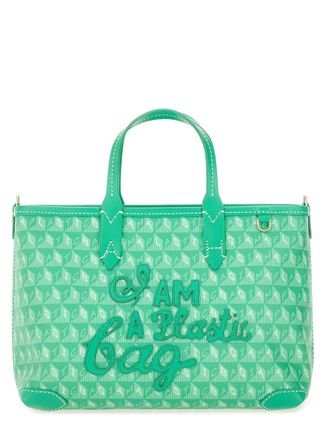 Anya Hindmarch Womens Xs Tote Bag With I Am A Plastic Pattern Green Cowhide - Bos Taurus Handbags Hand
