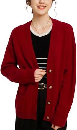 Generic Cardigan &agrave; col en V pour femme 100 % cachemire pull ample en tricot r&eacute;tro poches v&ecirc;tements dext&eacute;rieur, bordeaux, Taille Unique